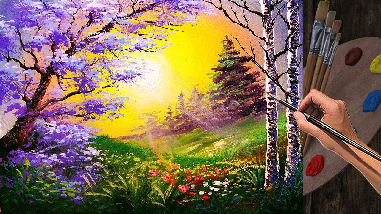 Acrylic Landscape Painting a Golden Hour Sunset with Beautiful ...