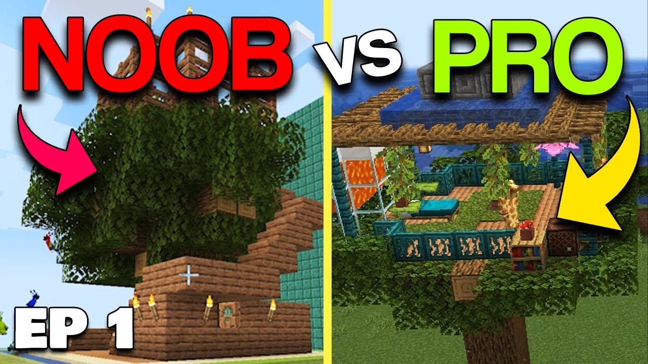 Noob Minecraft Builder Vs Aphmau Crew Building PRO! Treehouse Part 1 ...