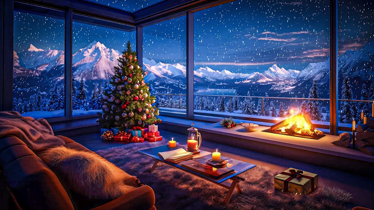 Night Living Room with Sounds Fireplace and Blizzard Christmas Ambience ...