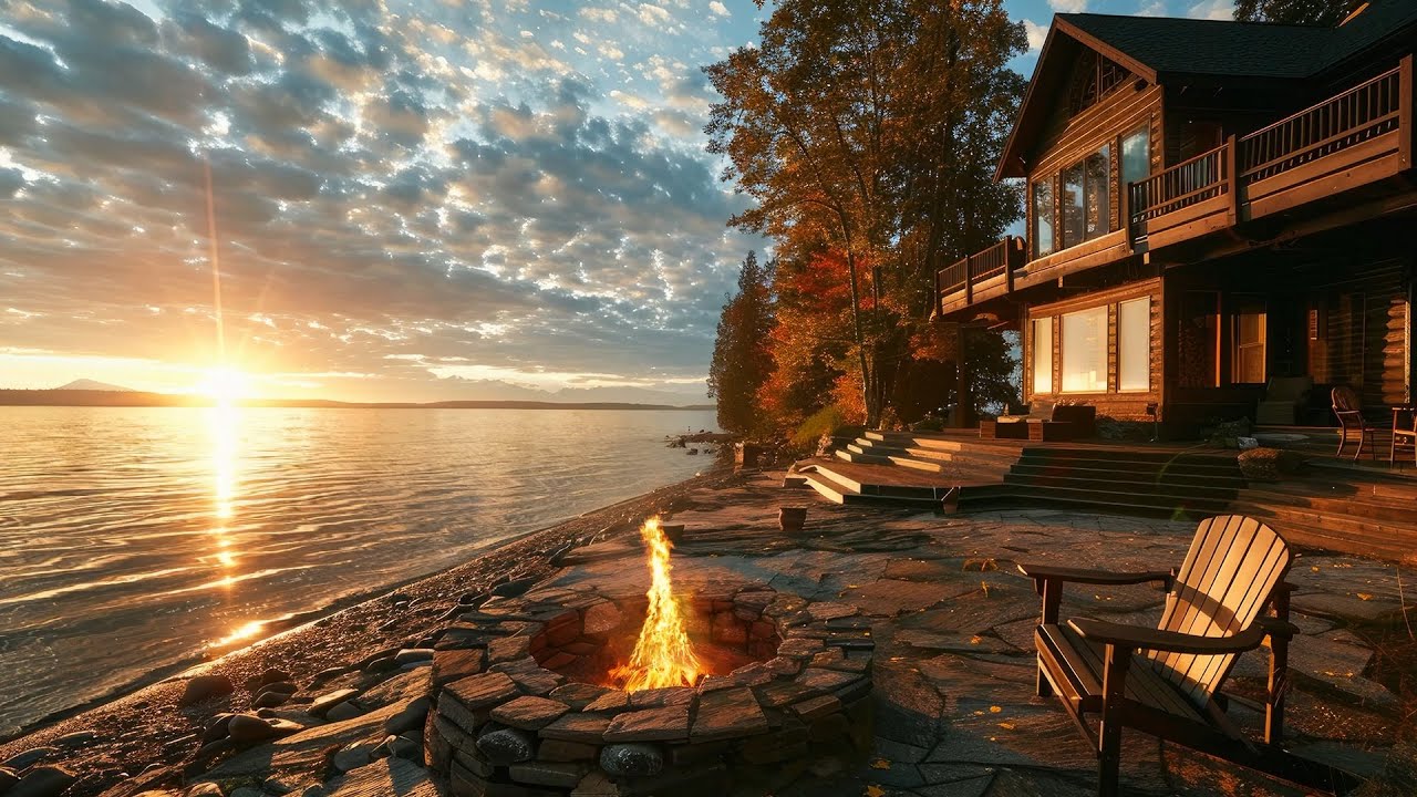 Sunset in Lakeside Ambient with Cozy Crackling Fire and Lakeshore Water ...