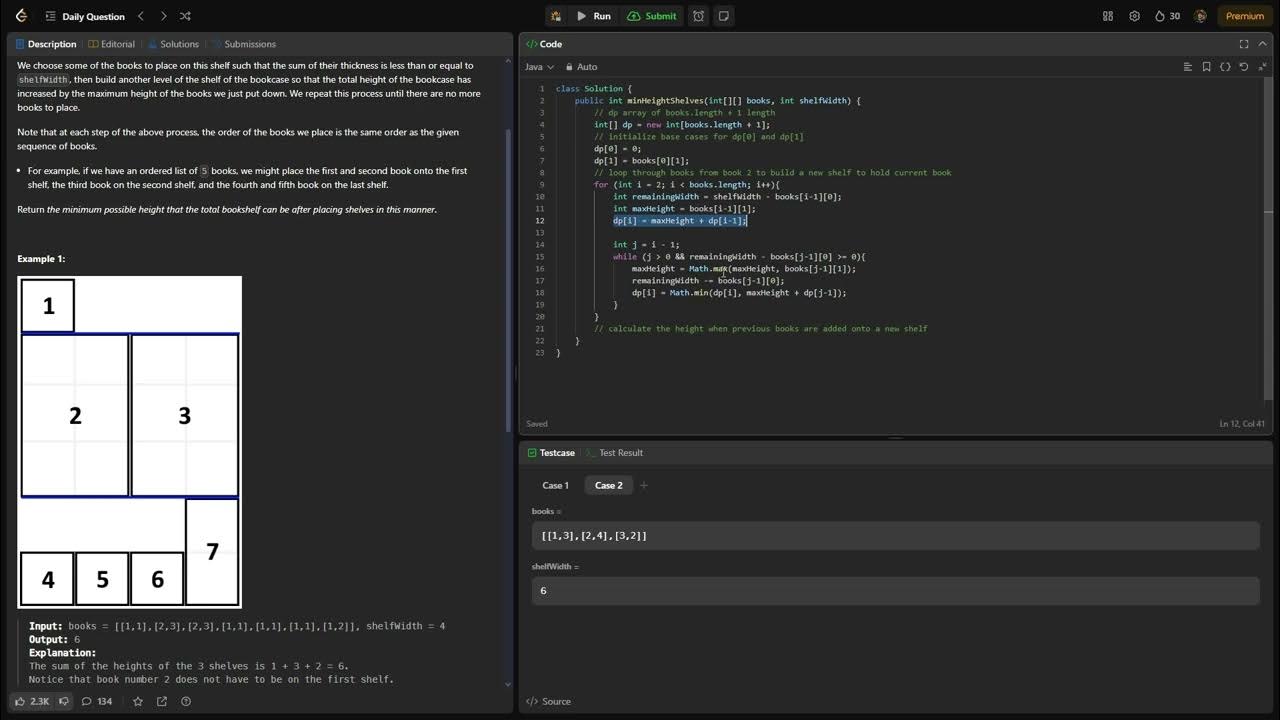 LeetCode 1105. Filling Bookcase Shelves - YouTube