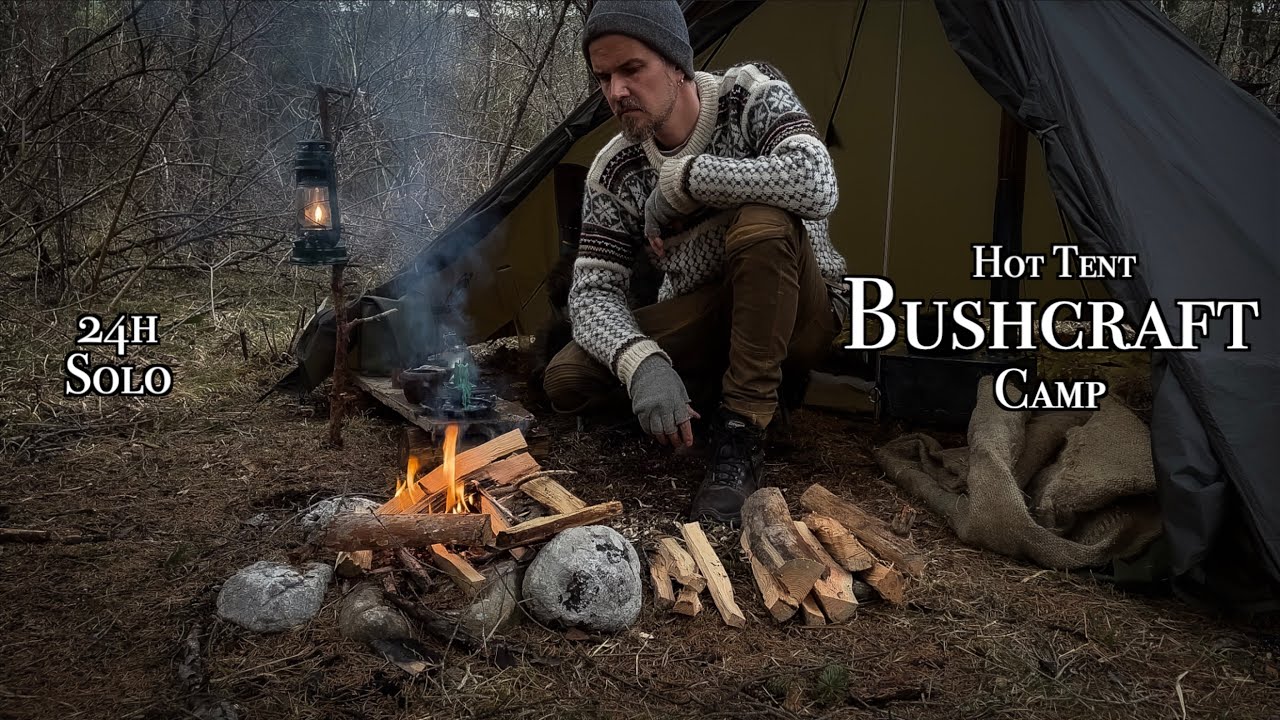 Rainy Bushcraft Overnighter with TOAD INVASION / Hot Tent, Fork Carving ...