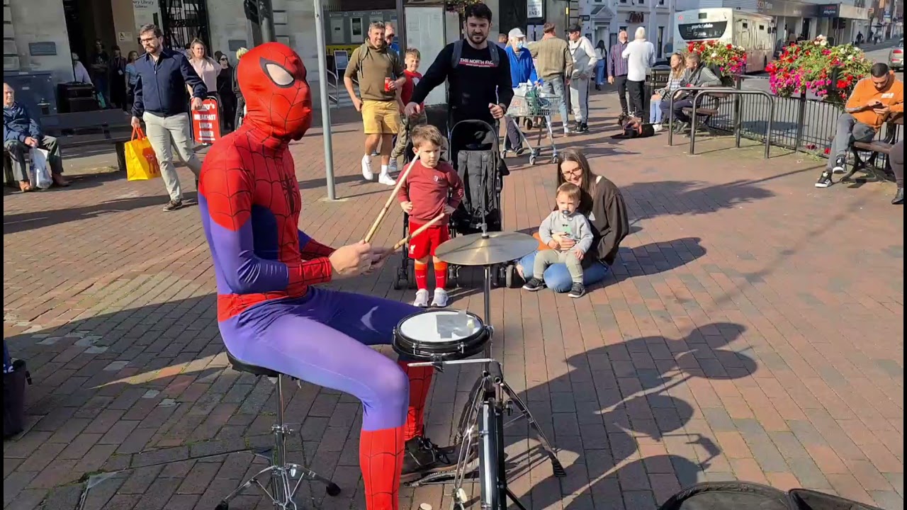 Spiderman plays the drums is Salisbury - YouTube