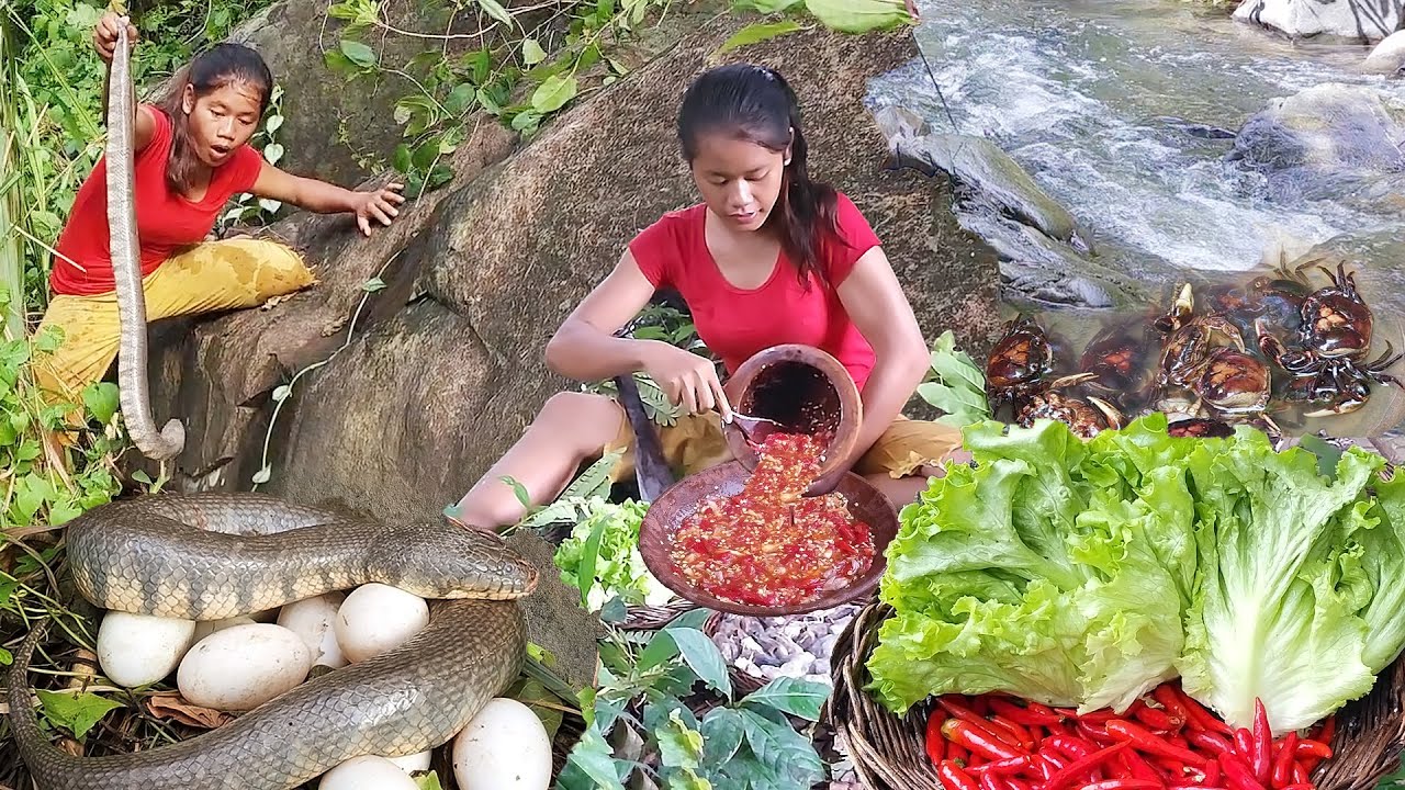 Catch snake and egg for survival food, Snake spicy cooking & Redfish ...