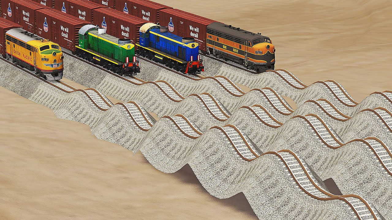 Four Trains vs Weird bumpy Rails Tracks Crossing - BeamNG.Drive - YouTube