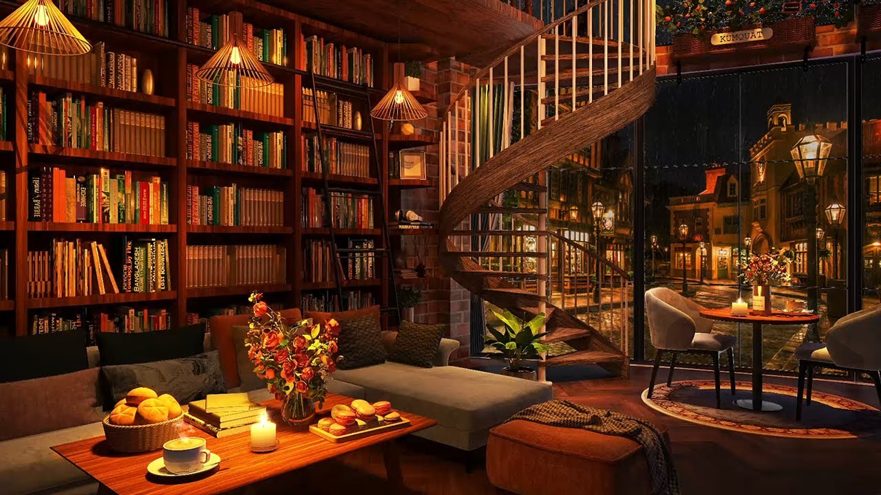 Cozy Jazz Music with Rain Night at Bookstore Cafe Ambience | Smooth ...