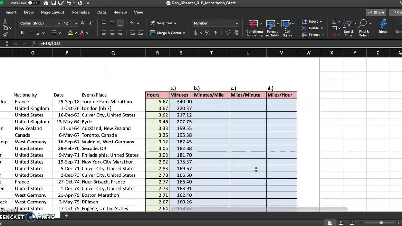 Excel Homework 3 1 Marathons Video - YouTube