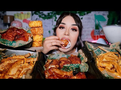 WINGSTOP NEW SWEET GARLIC SAUCY SRIRACHA HOT HONEY WINGS, VOODOO FRIES, PARM CORN RANCH MUKBANG ASMR
