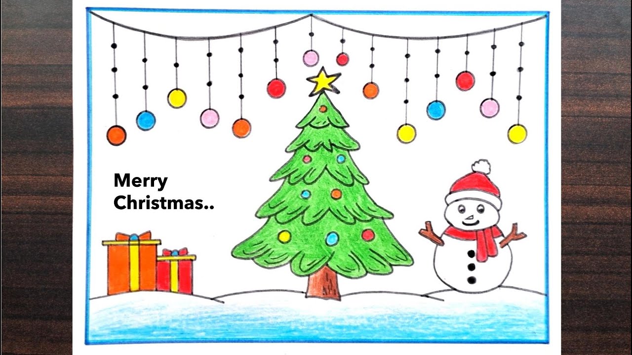 Christmas tree drawing//Christmas drawing step by step//Snowman drawing ...