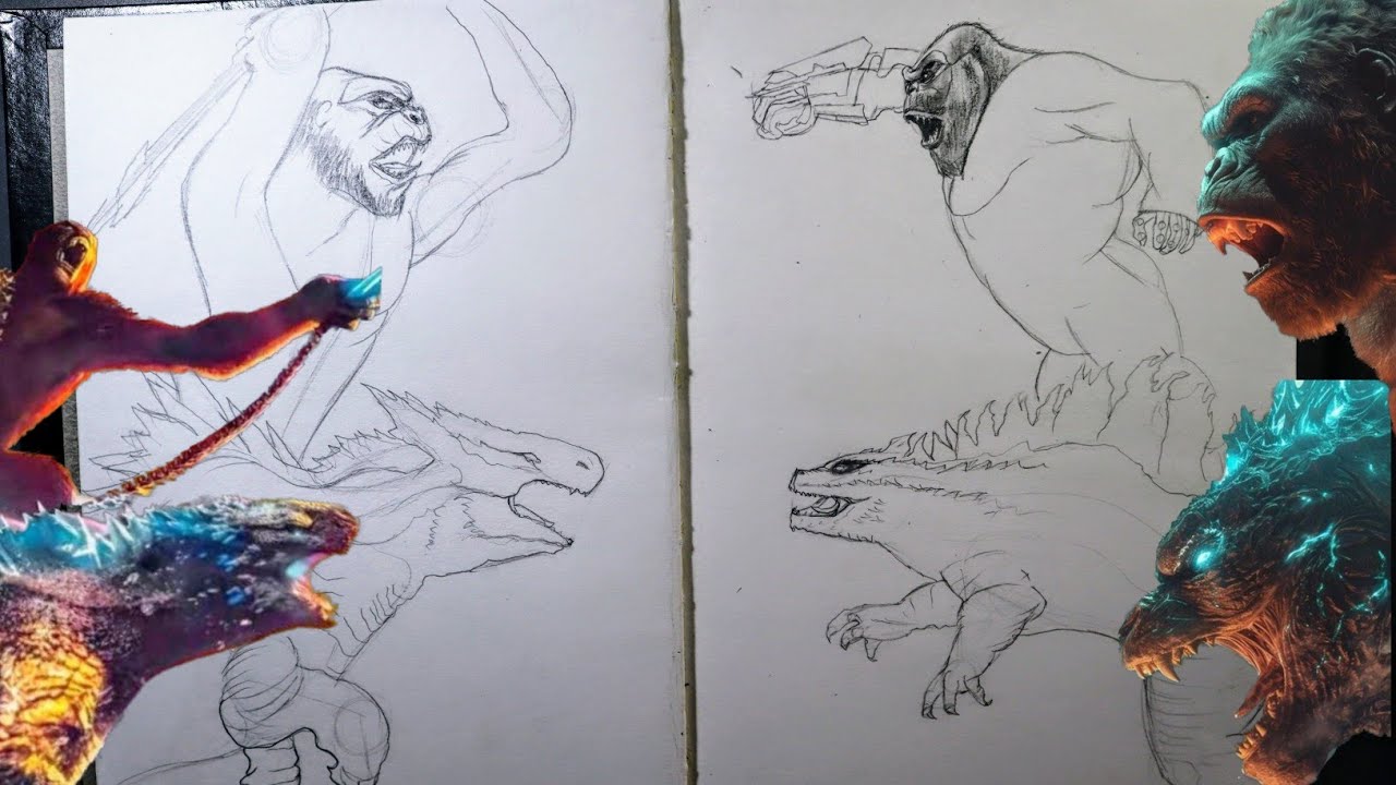 How to draw Godzilla & Kong vs Shimo & skarking || from G x K || outline and colorning tutorial ...