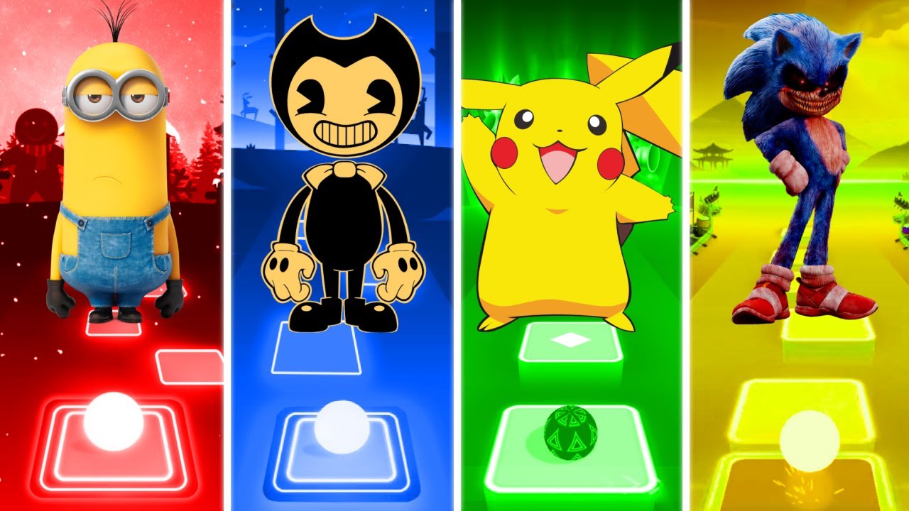 Minions Vs Bendy Vs Pikachu Vs Sonic Exe - Tiles Hop EDM Rush! - YouTube