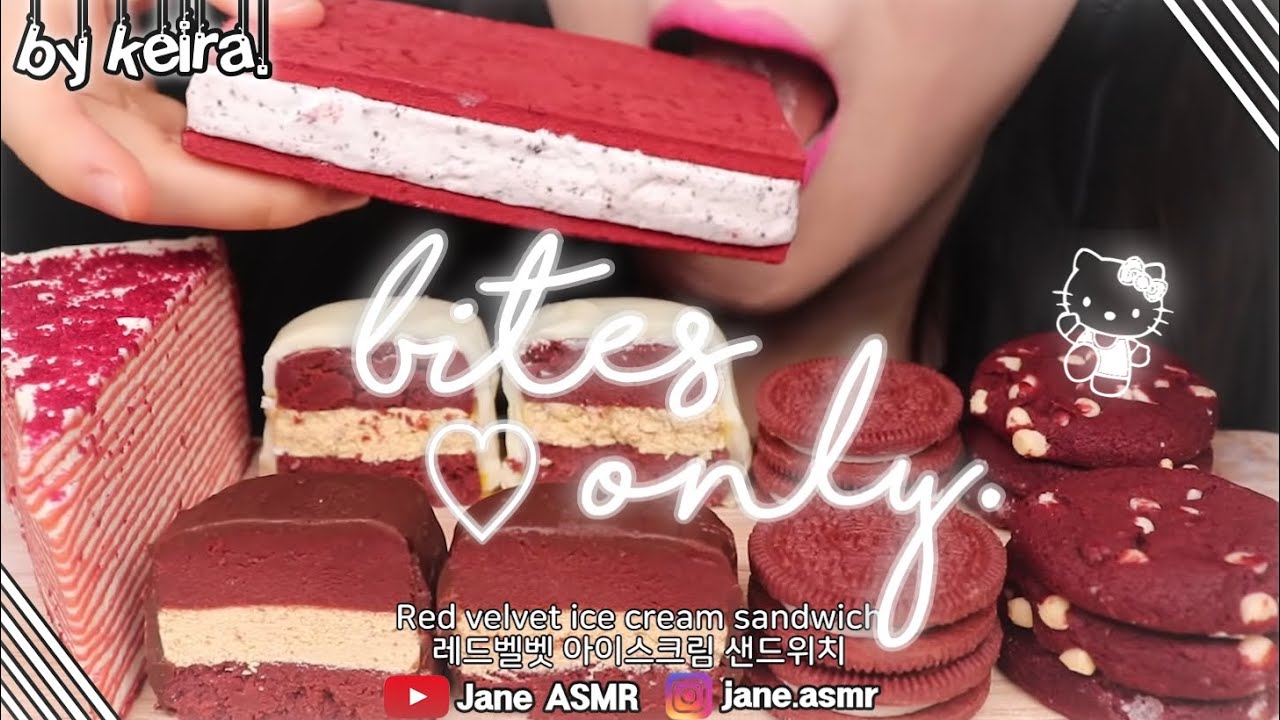 (bites only) jane asmr | red velvet ; ice cream sandwich, crepe cake ...