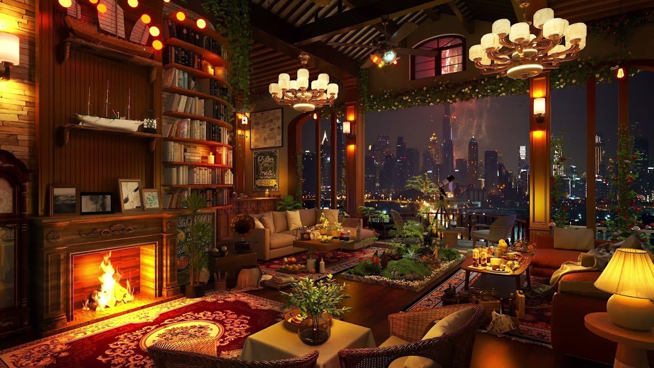 Warm Jazz Music & April Library Night Ambience - Relaxing Background 4k ...