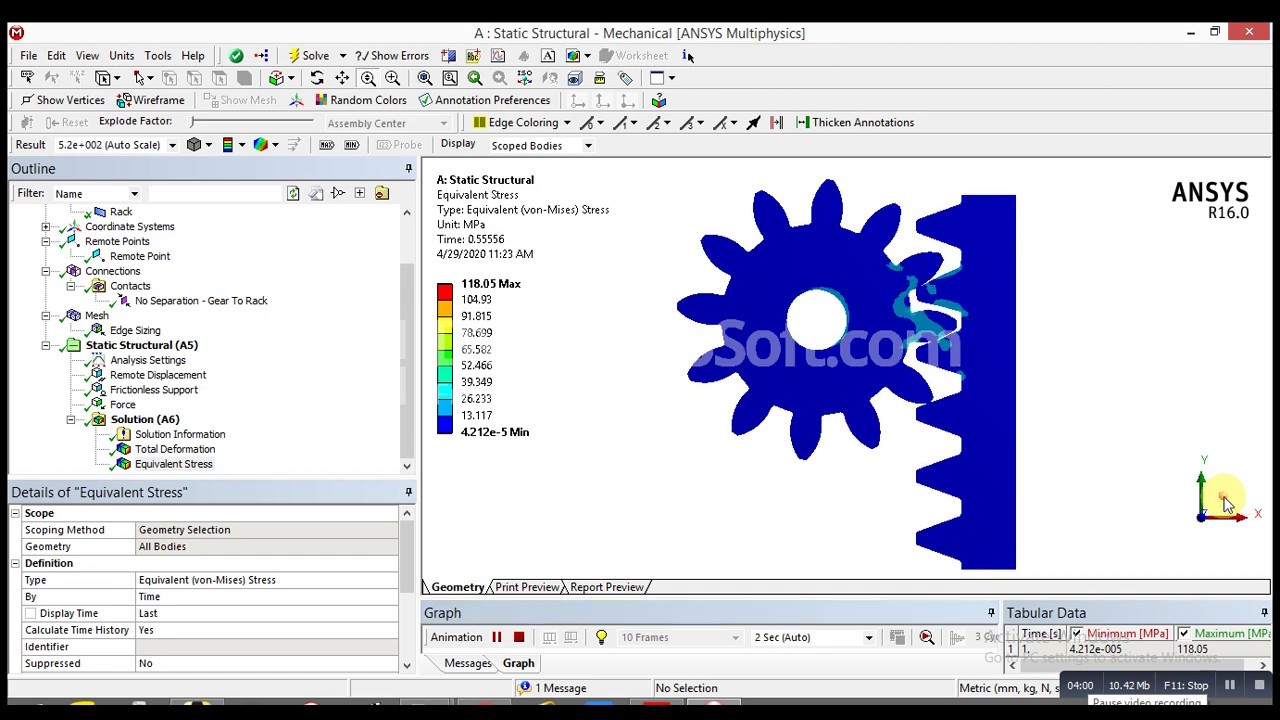ANSYS Mechanical Tutorial -2D Gear and Rack Analysis - von Mises Stress ...