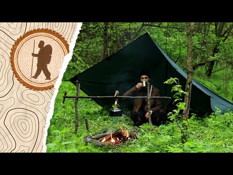 Campfire setup, new tarp shelter - bushcraft in woods - YouTube