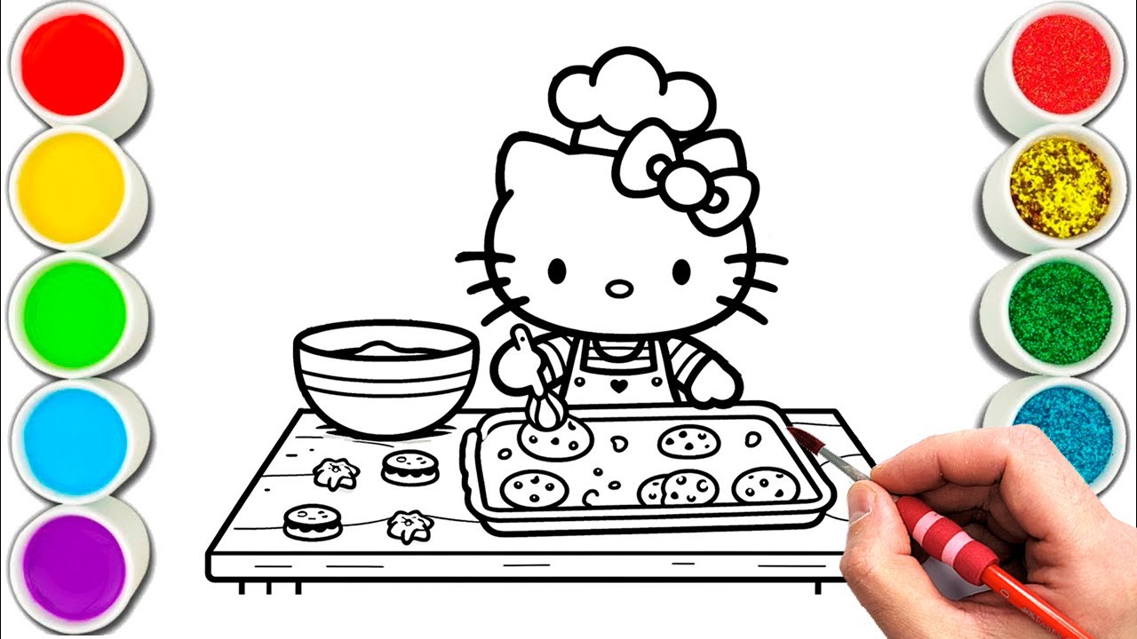 Hello Kitty trying to bake cookies in a kitchen Drawing, Painting ...