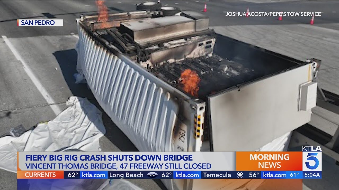 Vincent Thomas Bridge remains closed after fiery big rig crash - YouTube