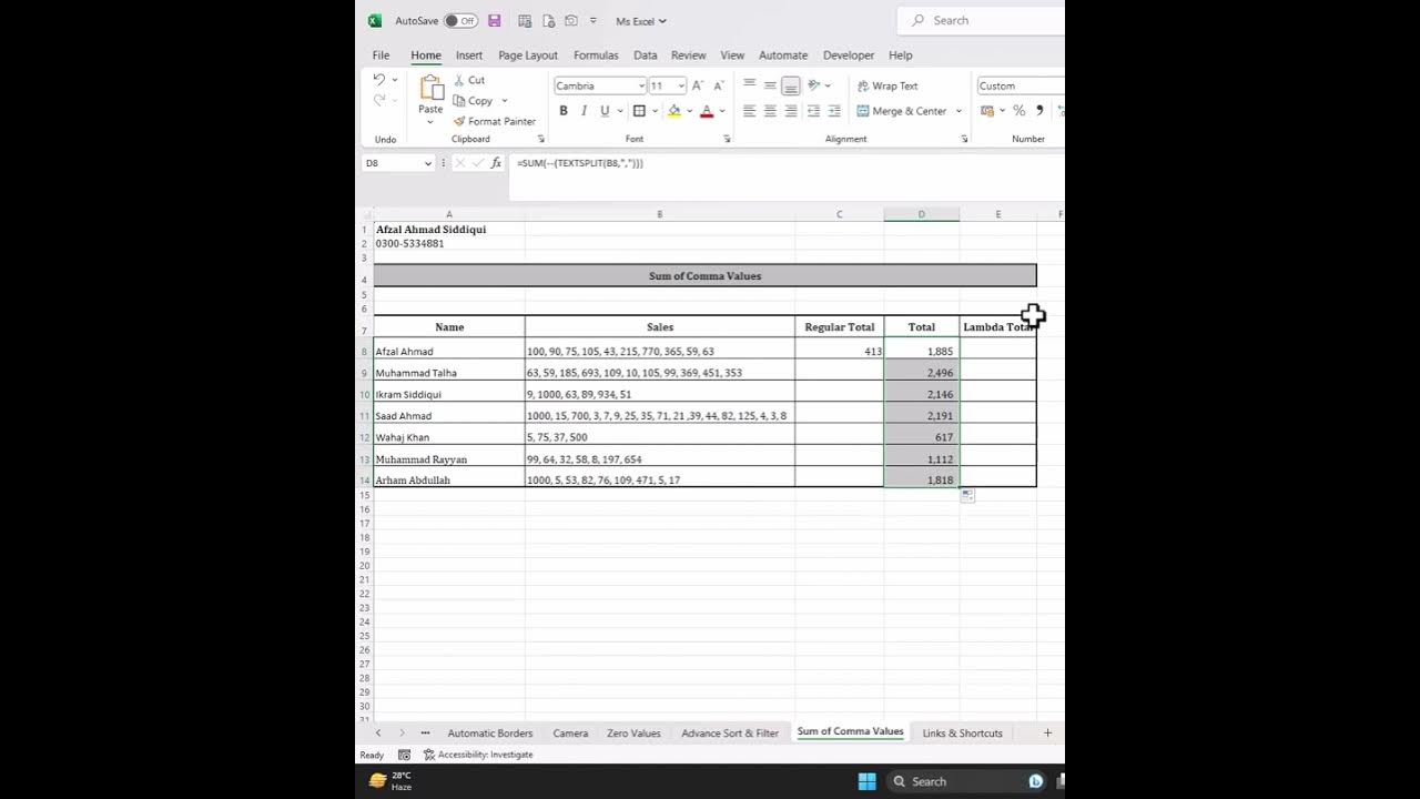Sum Of Comma Values In Ms Excel Youtube