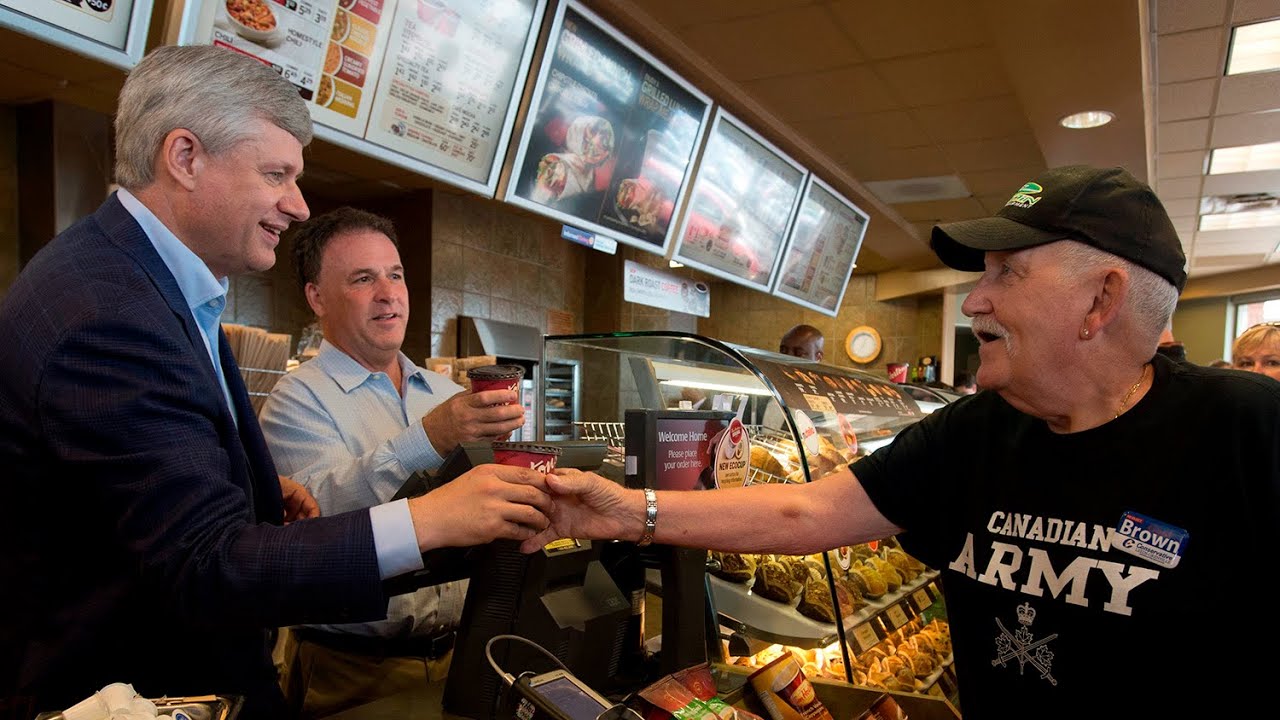 Stephen Harper makes campaign stop at a Tim Hortons - YouTube