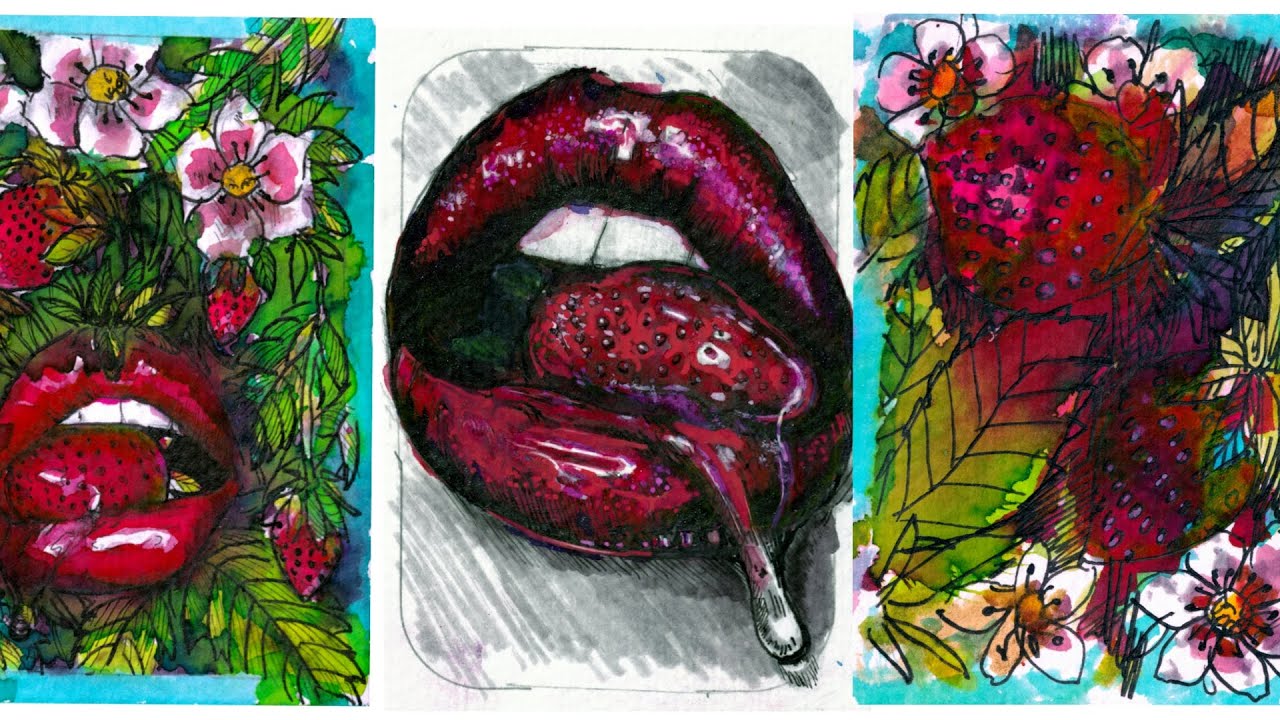 Drawing lips 💋 in ink / ATC and ACEO art cards / Artist trading cards ...