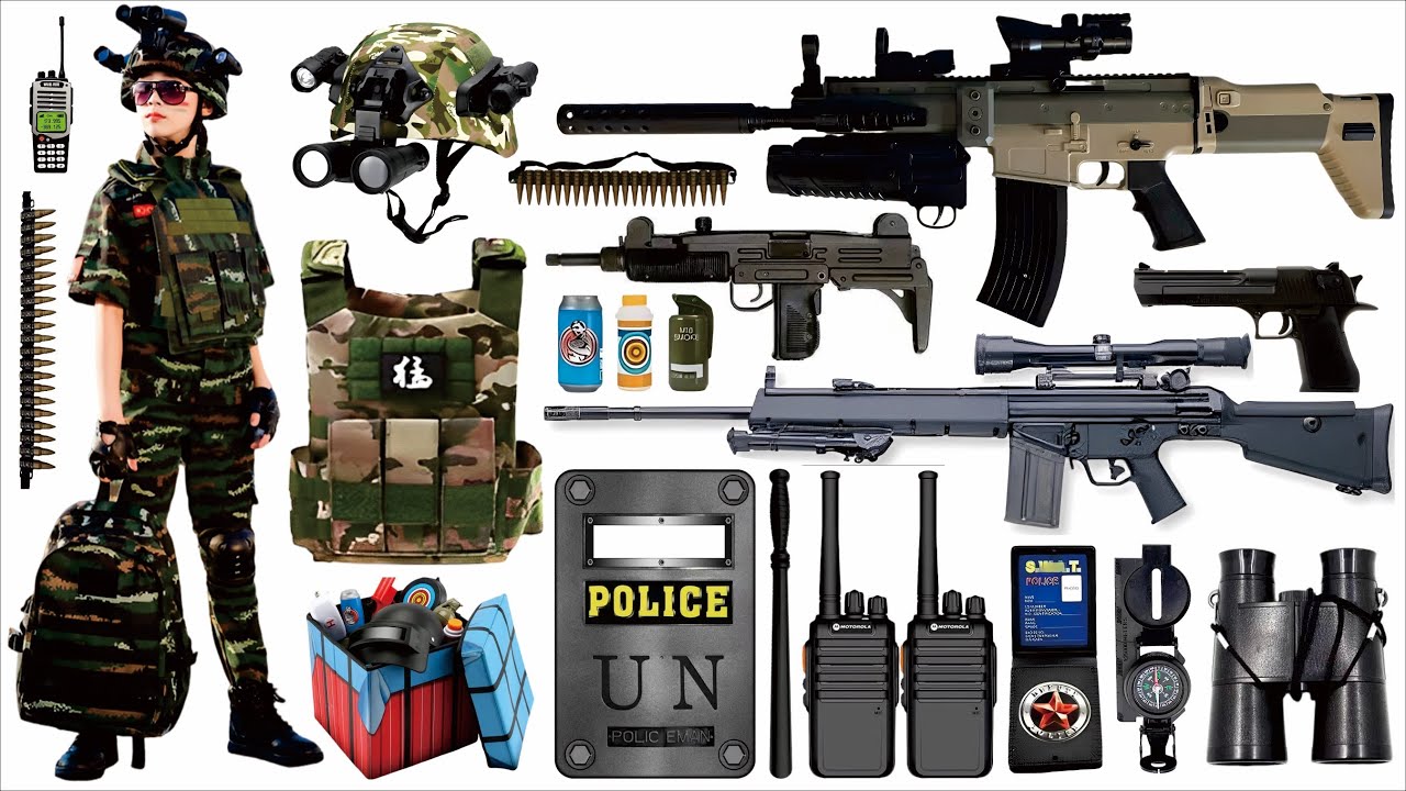 Unpacking toy gun collection, SCAR assault rifle, Golden Desert Eagle ...