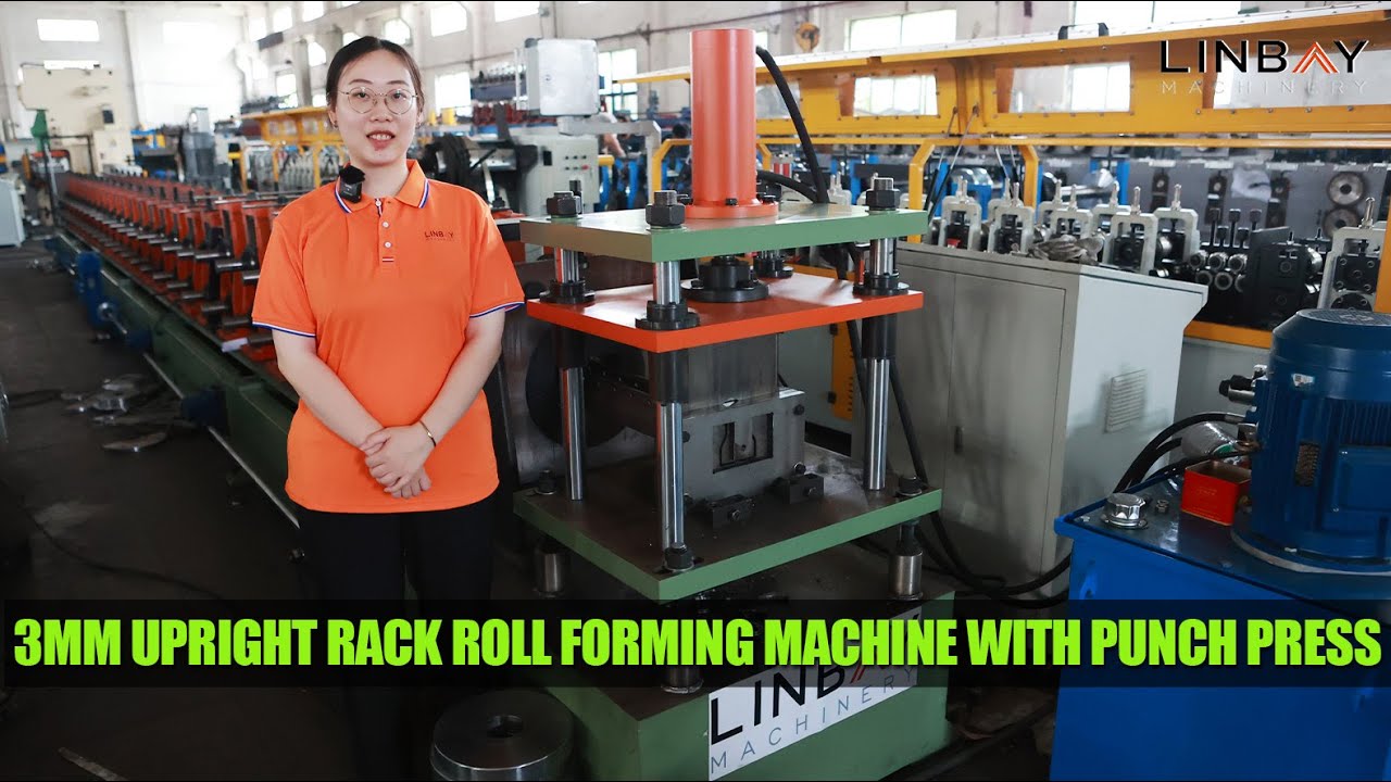Linbay-3mm upright rack roll forming machine with punch press - YouTube
