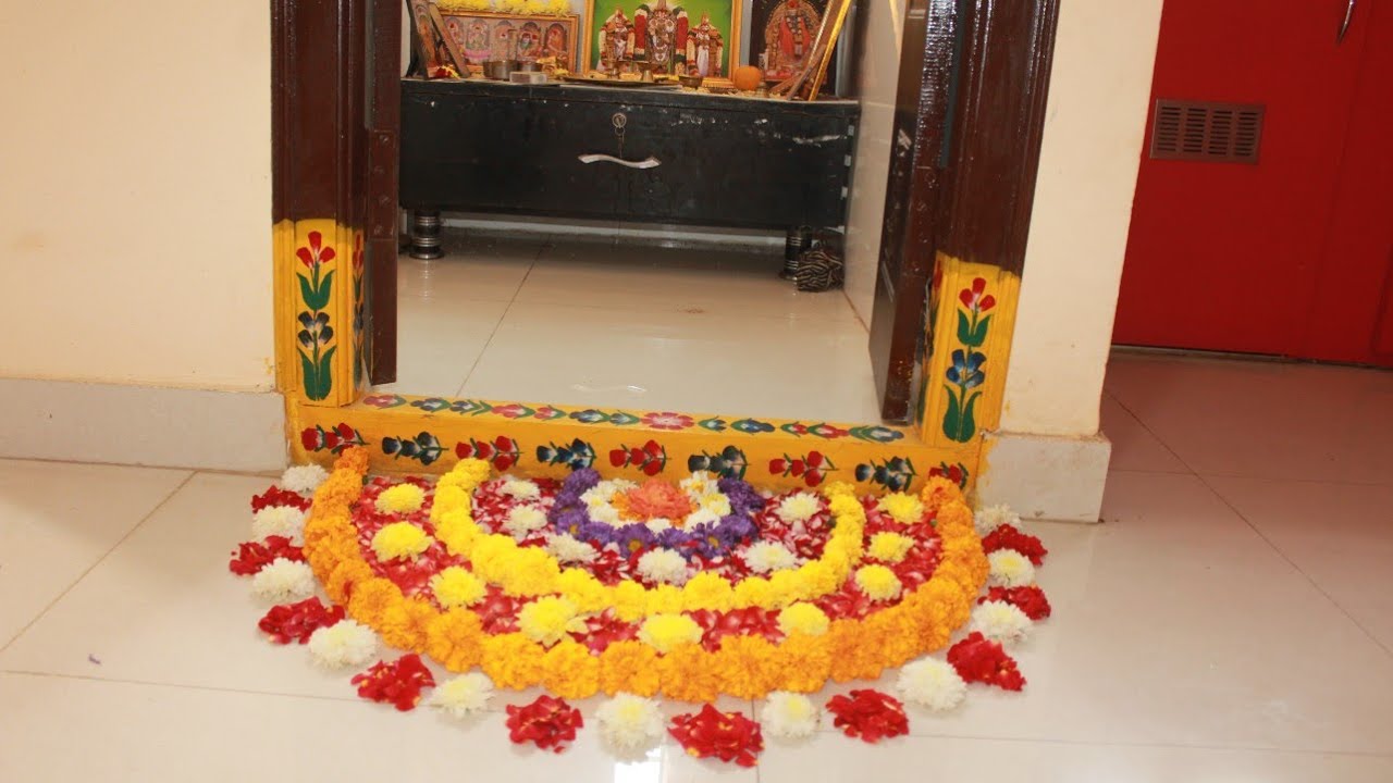 Pooja room special rangoli || Durga pooja special flower rangoli ...