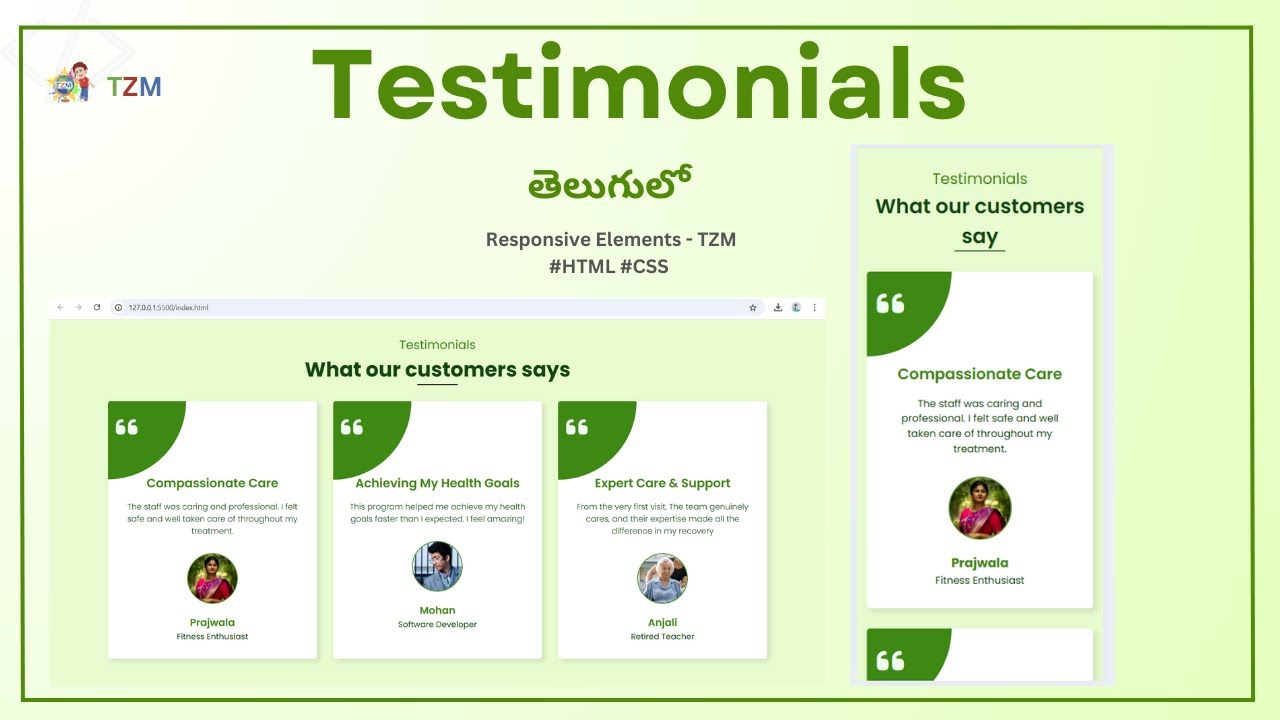 Testimonials Section using HTML & CSS in Telugu | TZM - Elements ...