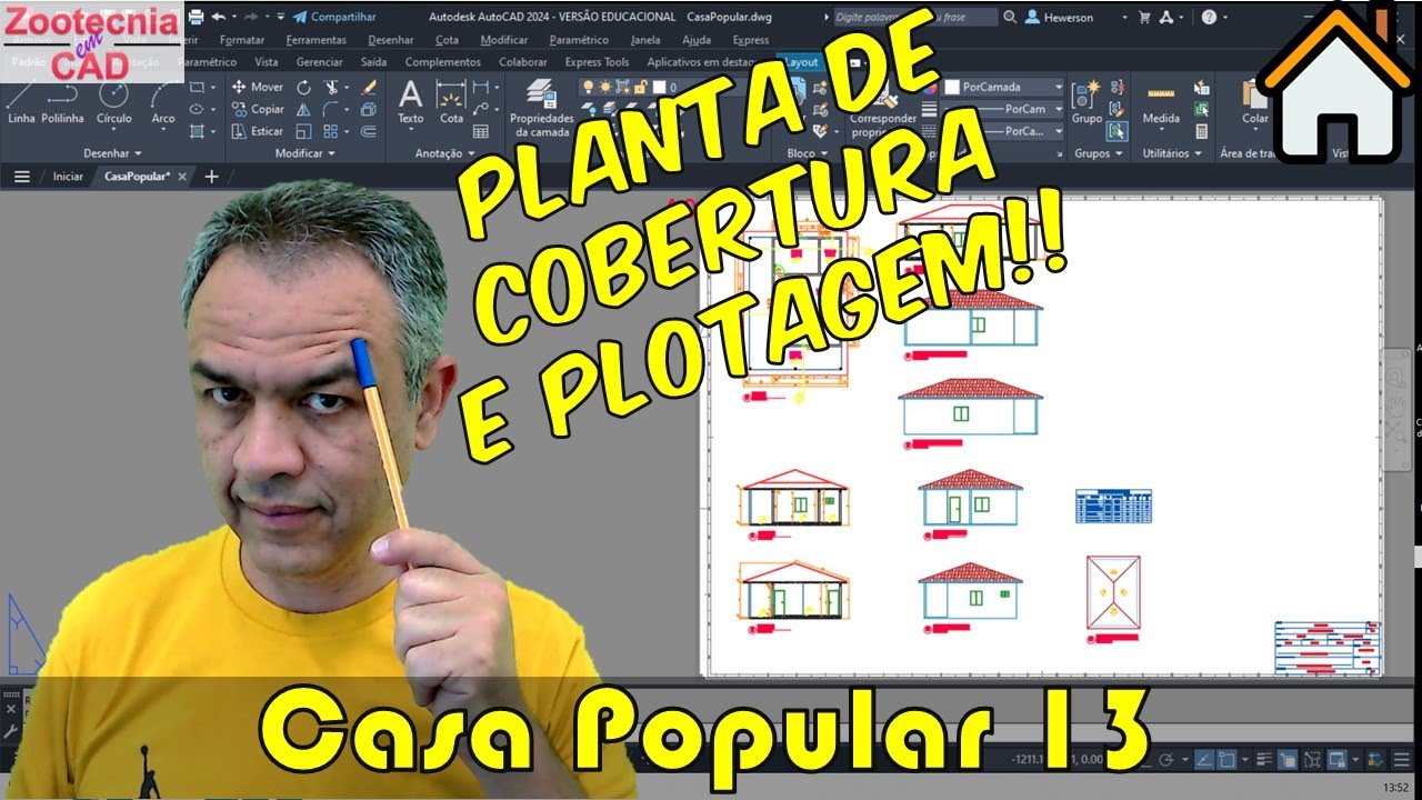 Casa Popular 13: Planta de Cobertura e Plotagem em AutoCAD - YouTube