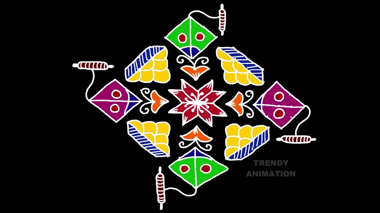 2019 teluginti sankranthi kite rangoli designs 17*1dots with colors ...