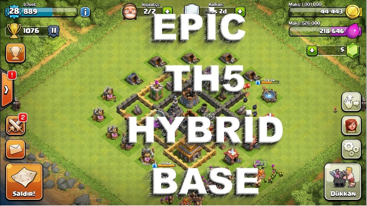 CLASH OF CLANS HYBRİD TH5 BASE - YouTube