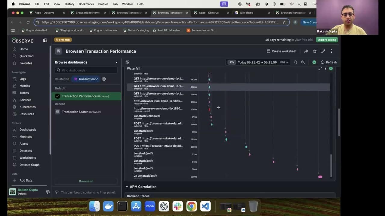 Correlate a frontend experience with a backend issue using the Observe, Frontend Observability ...