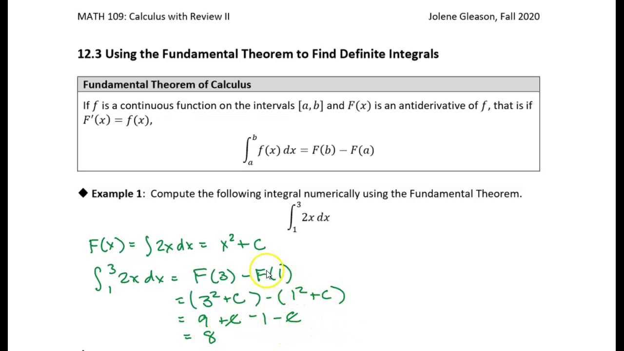 12.3 Using the FToC to Find Definite Integrals: Example 1 - YouTube