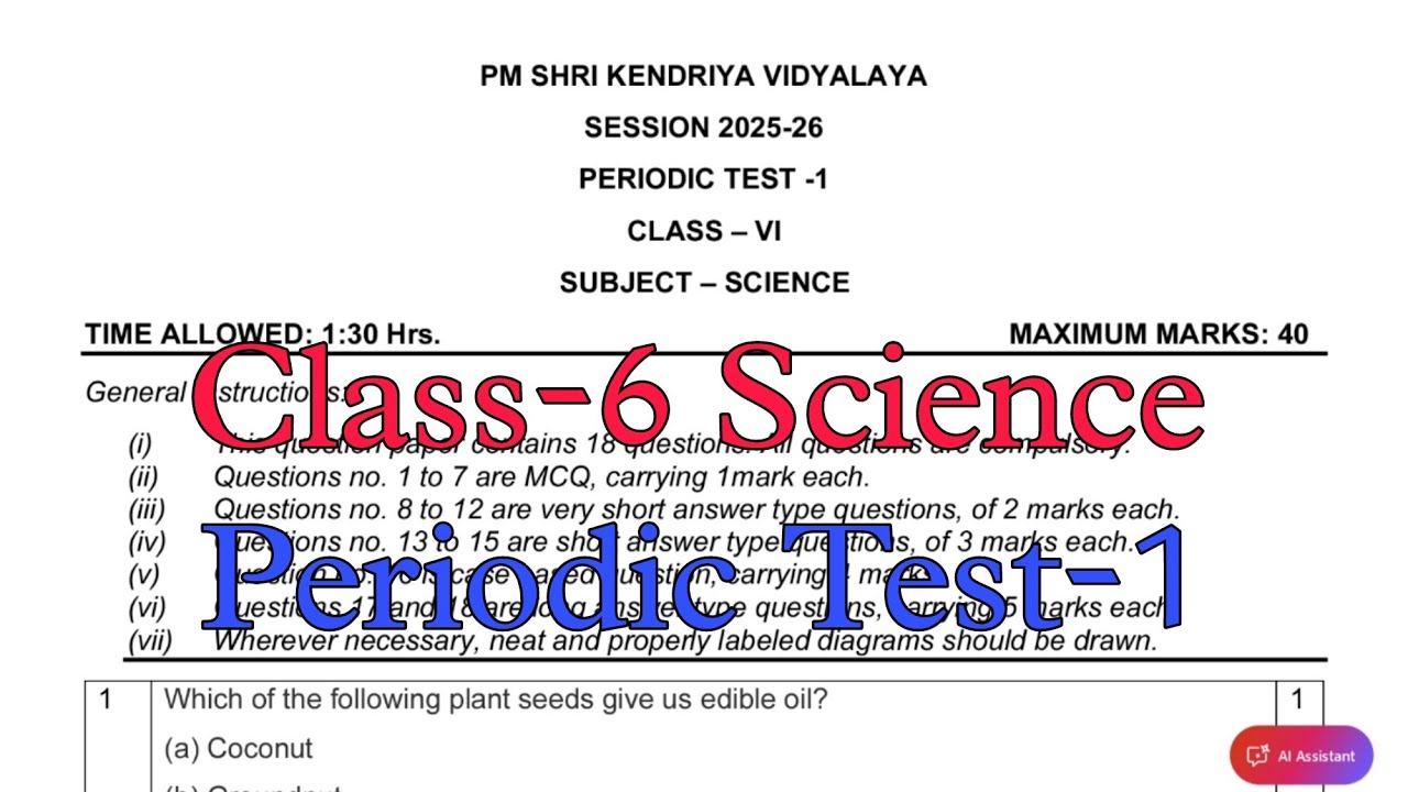 Class-6 Science/ Periodic Test-1 Question Paper/ PM SHRI kendriya ...