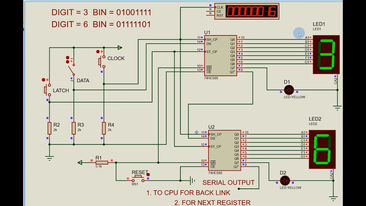 LESSON for shift register 74HC595 Proteus simulation - YouTube