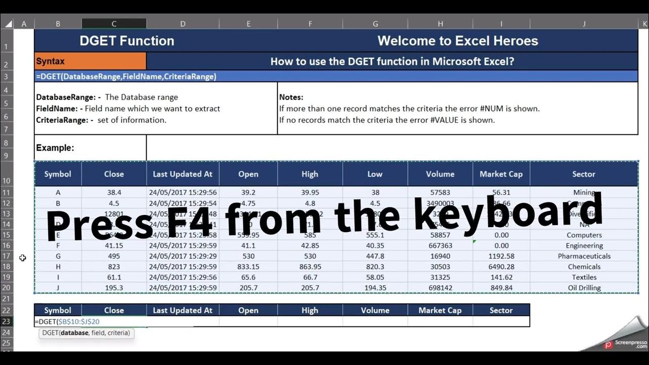 25 How To Use Dget Function Database Functions In Ms Excel Youtube