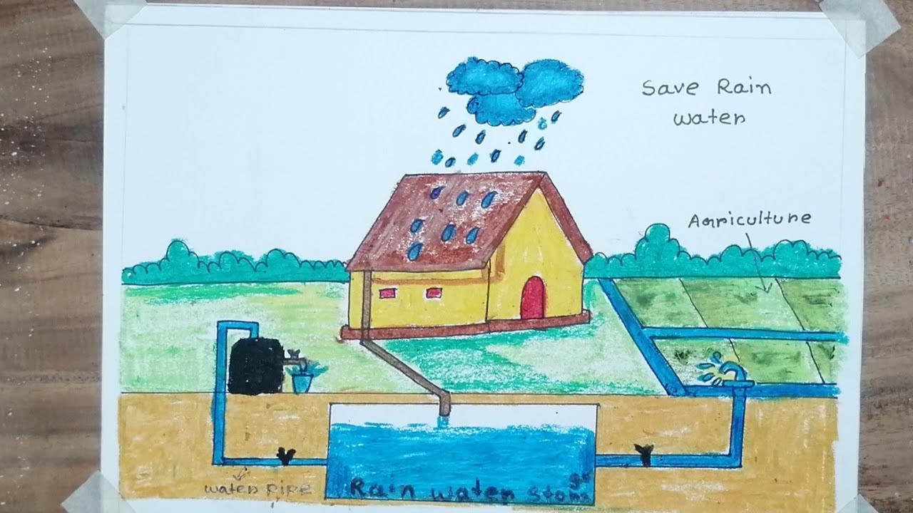How to Draw Save Rain Water Harvesting Drawing,Agriculture Rooftop rain ...