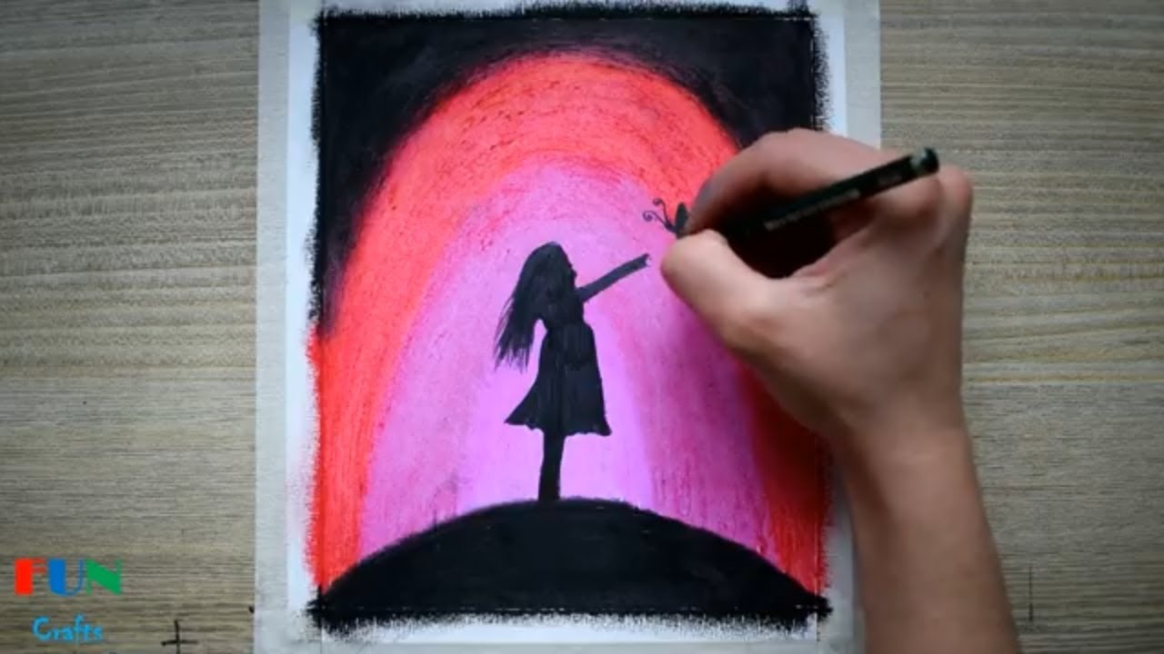 Girl and Butterfly Night Scenery Drawing with Oil Pastels for Kids and ...