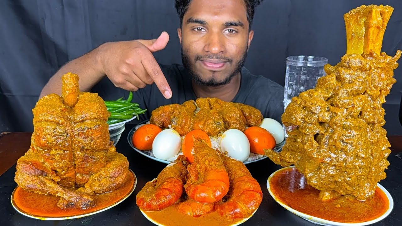 Spicy full chicken curry, prawns curry, big leg piece curry, chicken ...