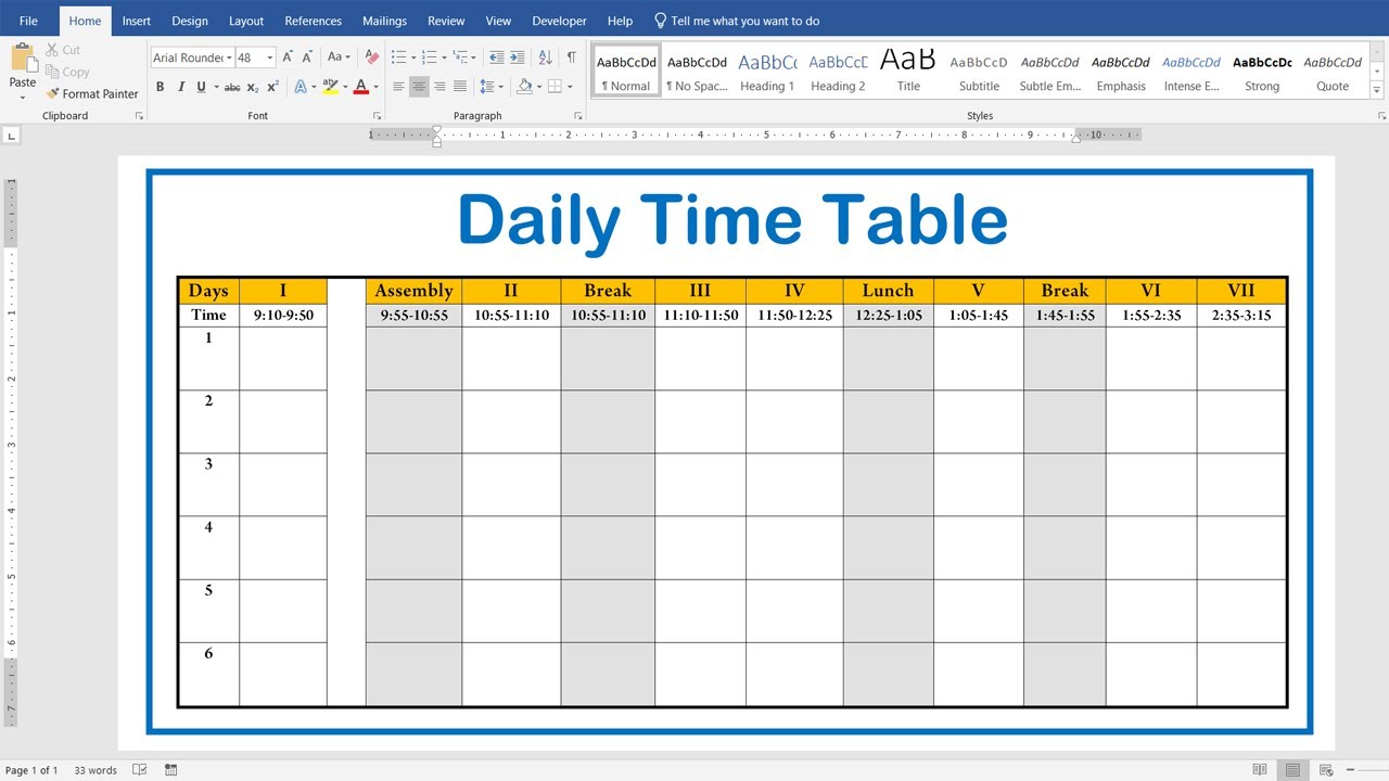 How To Make Printable Daily School Time Table Design in Ms Word Hindi ...