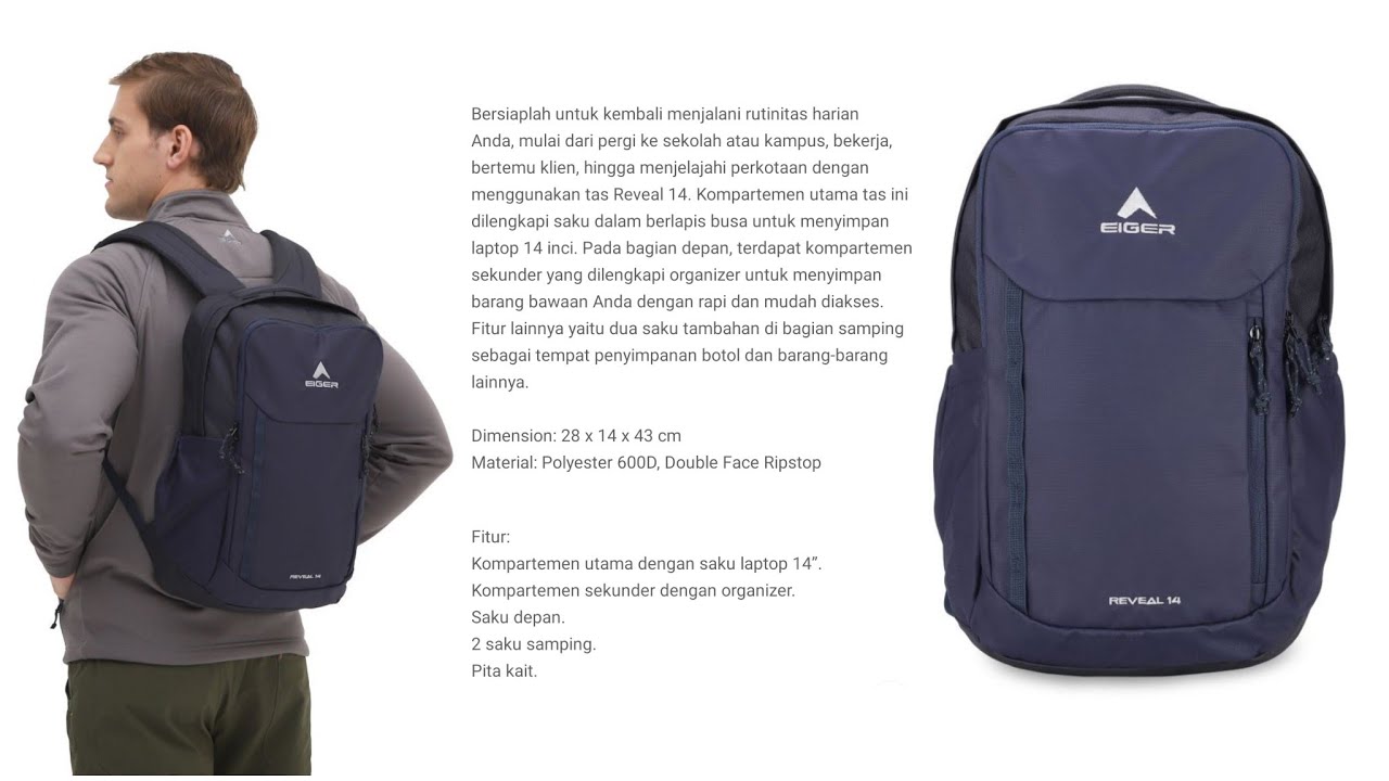 NEW EIGER REVEAL 14L LAPTOP BACKPACK NAVY || 910007578 || TAS EIGER ...