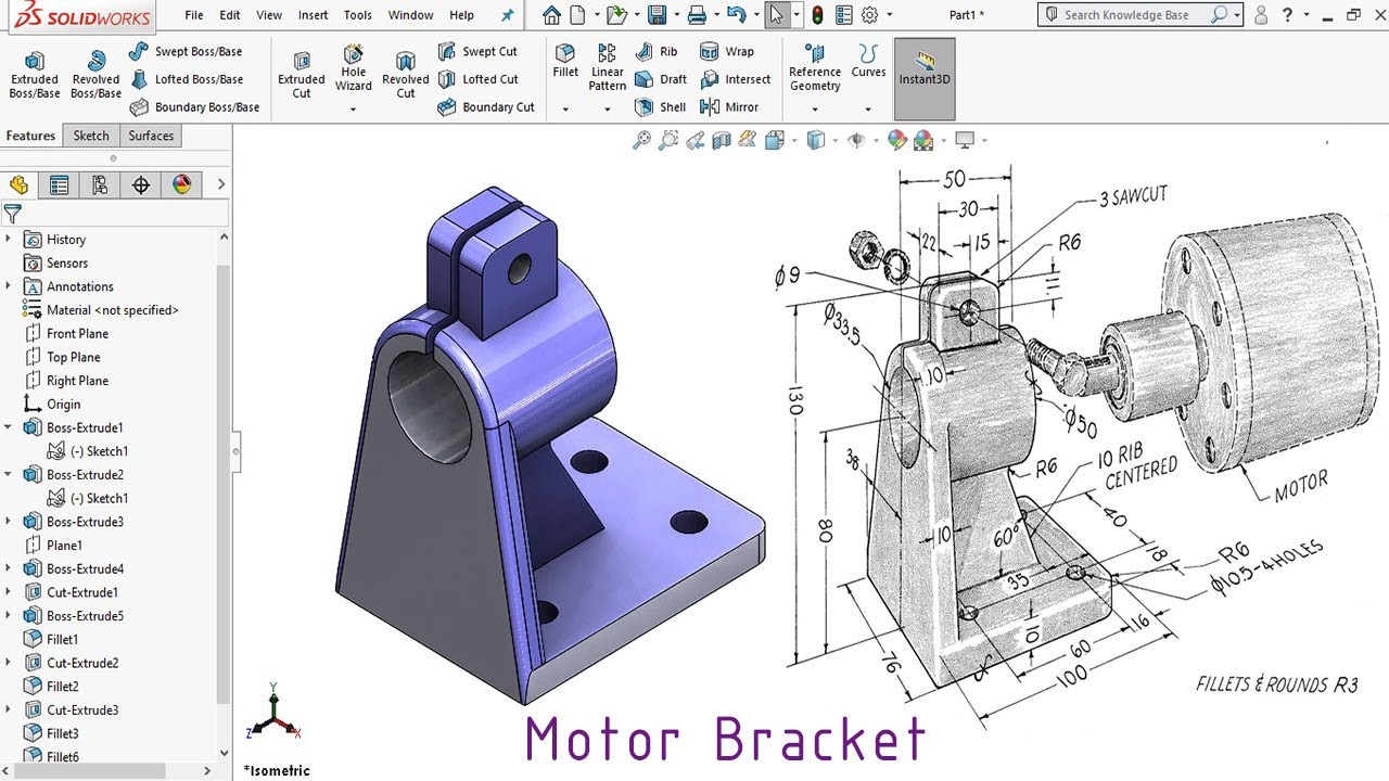 Solidworks Tutorial: Exercise #65 (Motor bracket) - YouTube