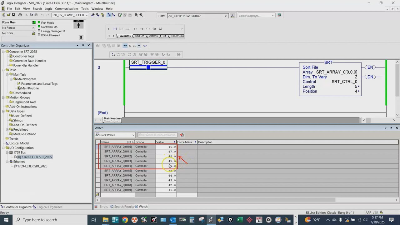 Allen Bradley Studio 5000 Logix Designer SRT Sort Instruction - YouTube