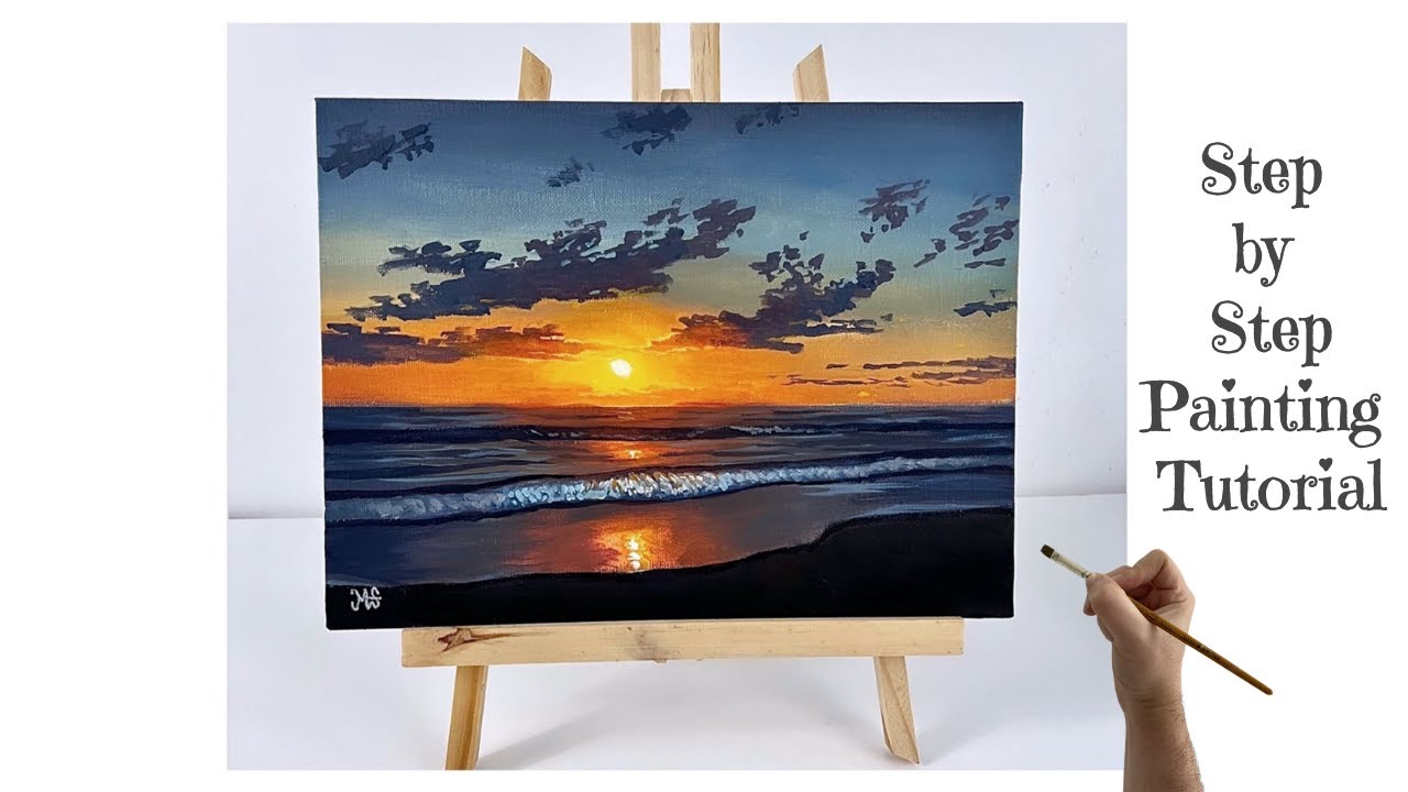 How to paint a Sunset over the ocean for beginners/medium - Acrylic ...