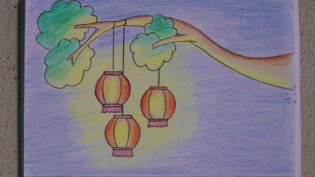 menggambar lampu lampion dengan pensil warna. draw a lantern with ...