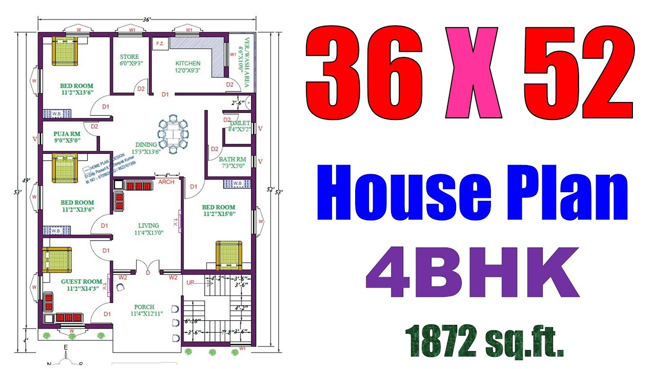 36 X 52 feet House Plan | घर का नक्शा 36 फ़ीट X 52 फ़ीट | Ghar ka ...