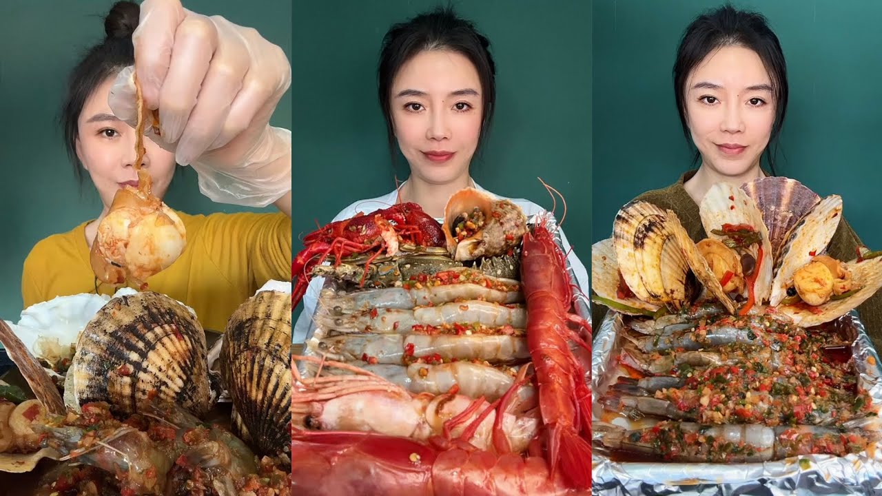 Mukbang #25:Eat Seafood 🦞🍤 scallops sashimi shrimp 🤤🍤 Devi shrimp 🦐🍤 # ...