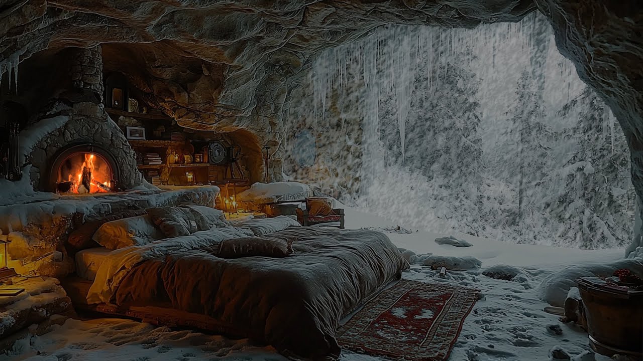 Warm Cave in a Cold Snowstorm | ASMR - Soothing Fireplace Sounds for ...