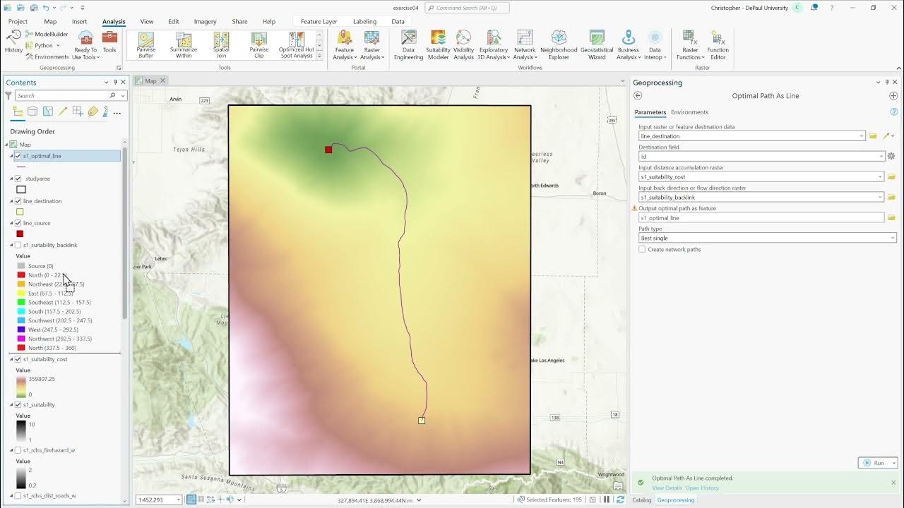 Exercise #4: Suitability Analysis with ArcGIS Pro (Step #8, Calculate least cost alignment ...
