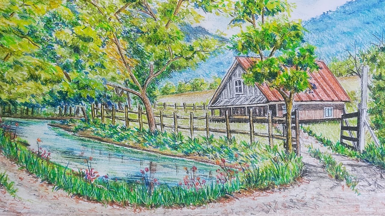 How To Draw Barn//Farm House In A Nature Landscape Scenery Art || Easy ...